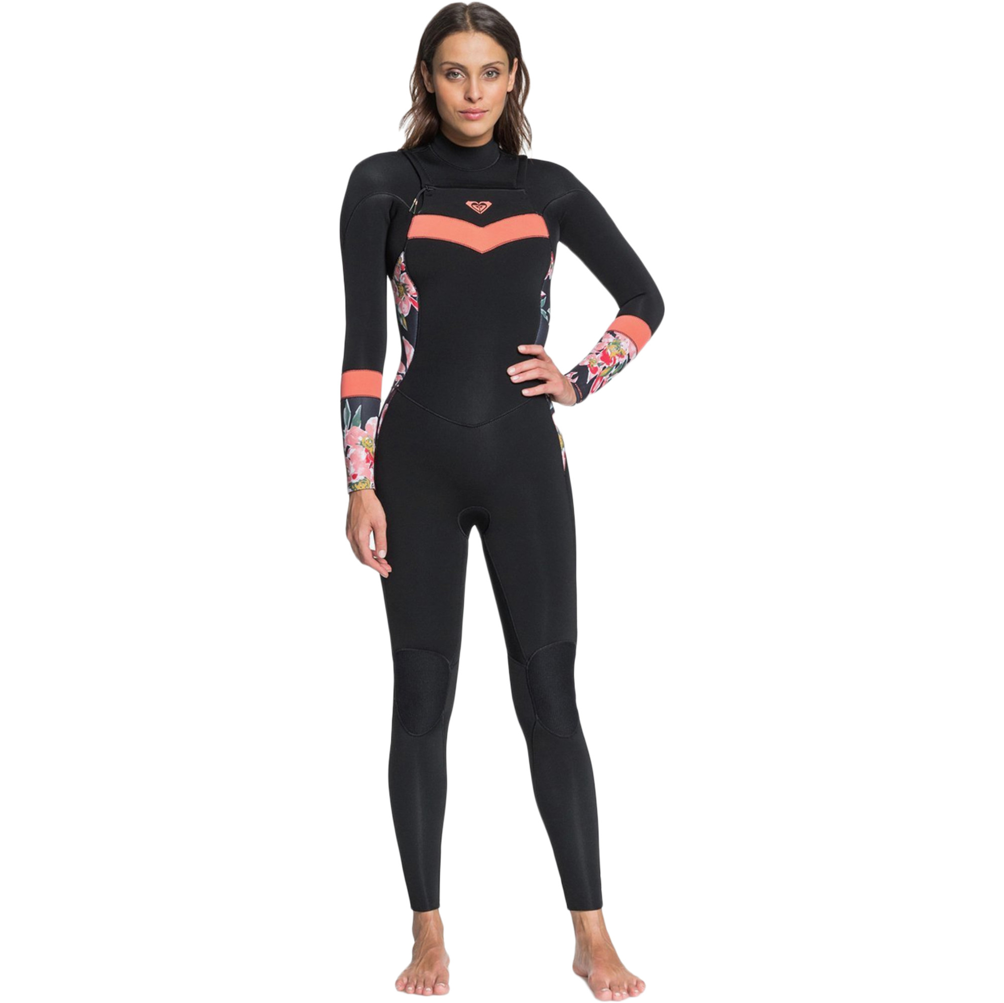 2021 Roxy Womens Syncro 4/3mm Chest Zip Wetsuit ERJW103055 - Black / Bright Coral | Wetsuit Outlet